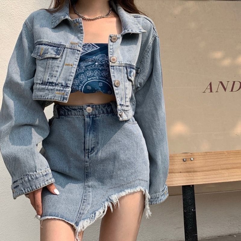 Cropped Denim Jacket &skirt set, Women's Fashion, Dresses & Sets, Sets ...