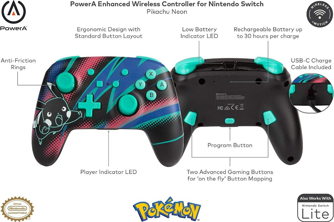 Pokemon Neon Pikachu Pro Wireless Switch Controller, Video Gaming ...