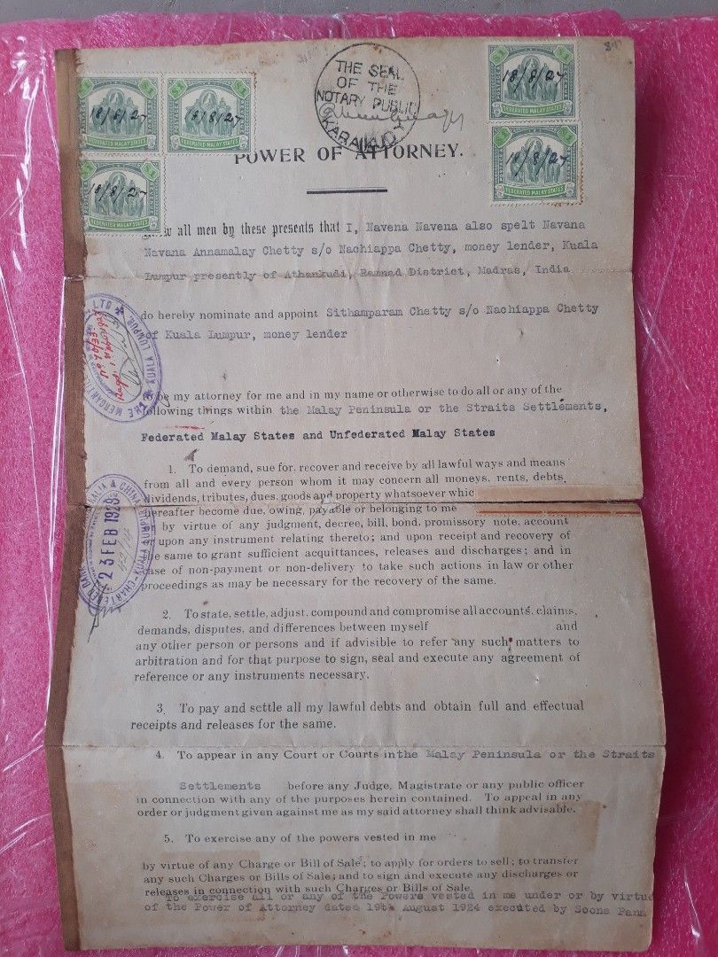 POWER OF ATTORNEY 1929 Straits Settlements - Federated Malay States ...