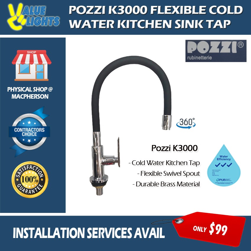 Pozzi K3000 Black Flexible Swivel Spout Kitchen Sink Tap Cold Water ...