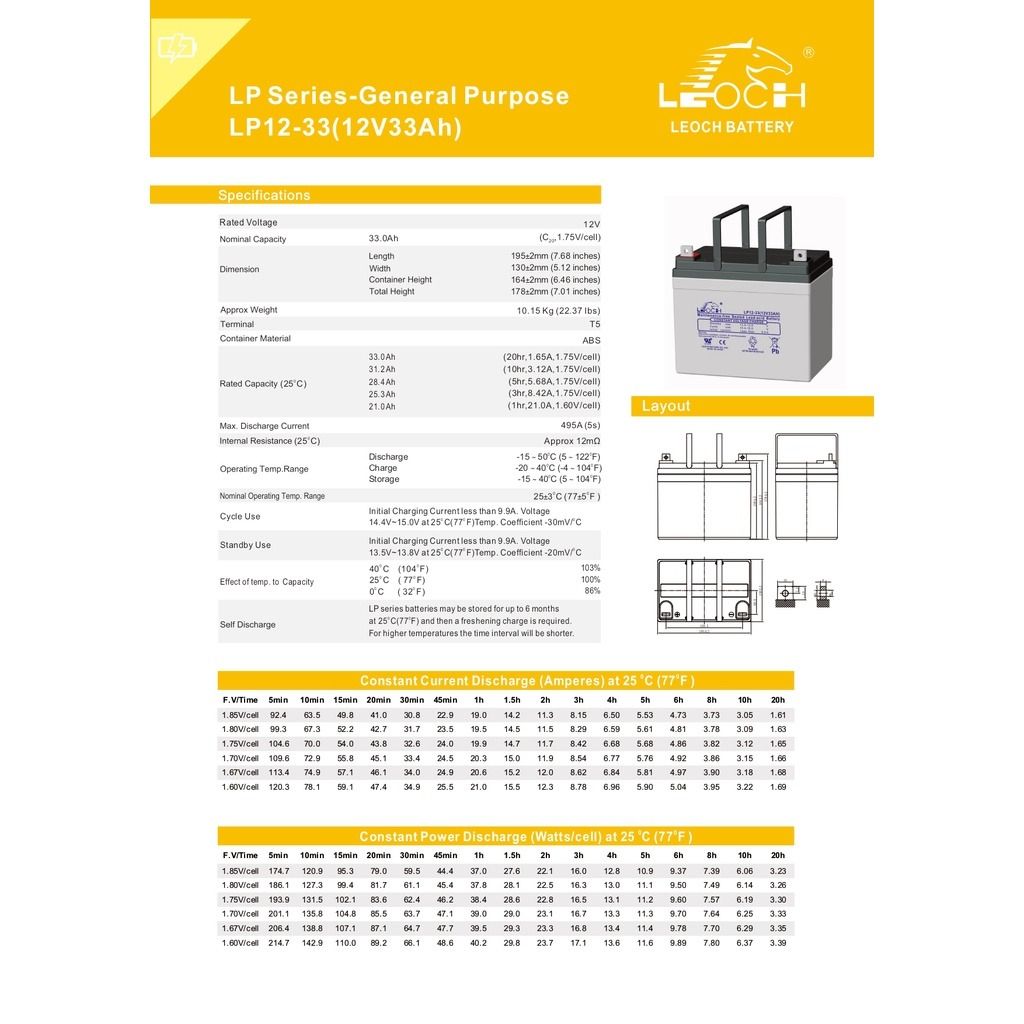 12V 33AH Leoch Sealed Lead Acid Battery LP12-33 for general purpose ...