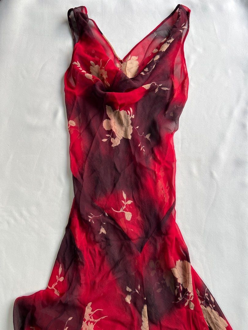 Cowl Red Sheer See Through Hibiscus Vintage Dress on Carousell