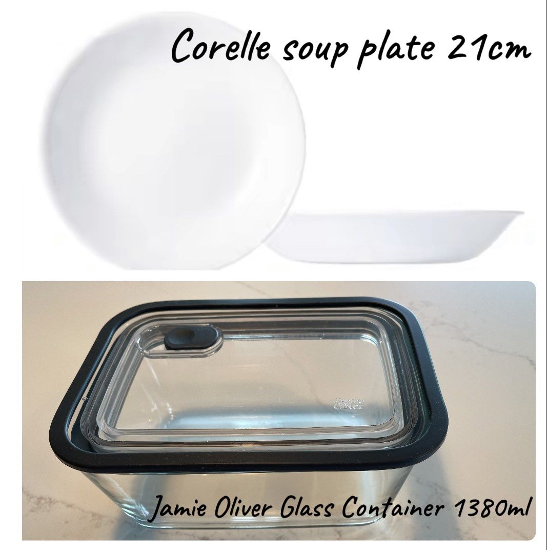 Glass container 1380ml Jamie Oliver + Corelle soup plate 21cm, Furniture & Home Living ...