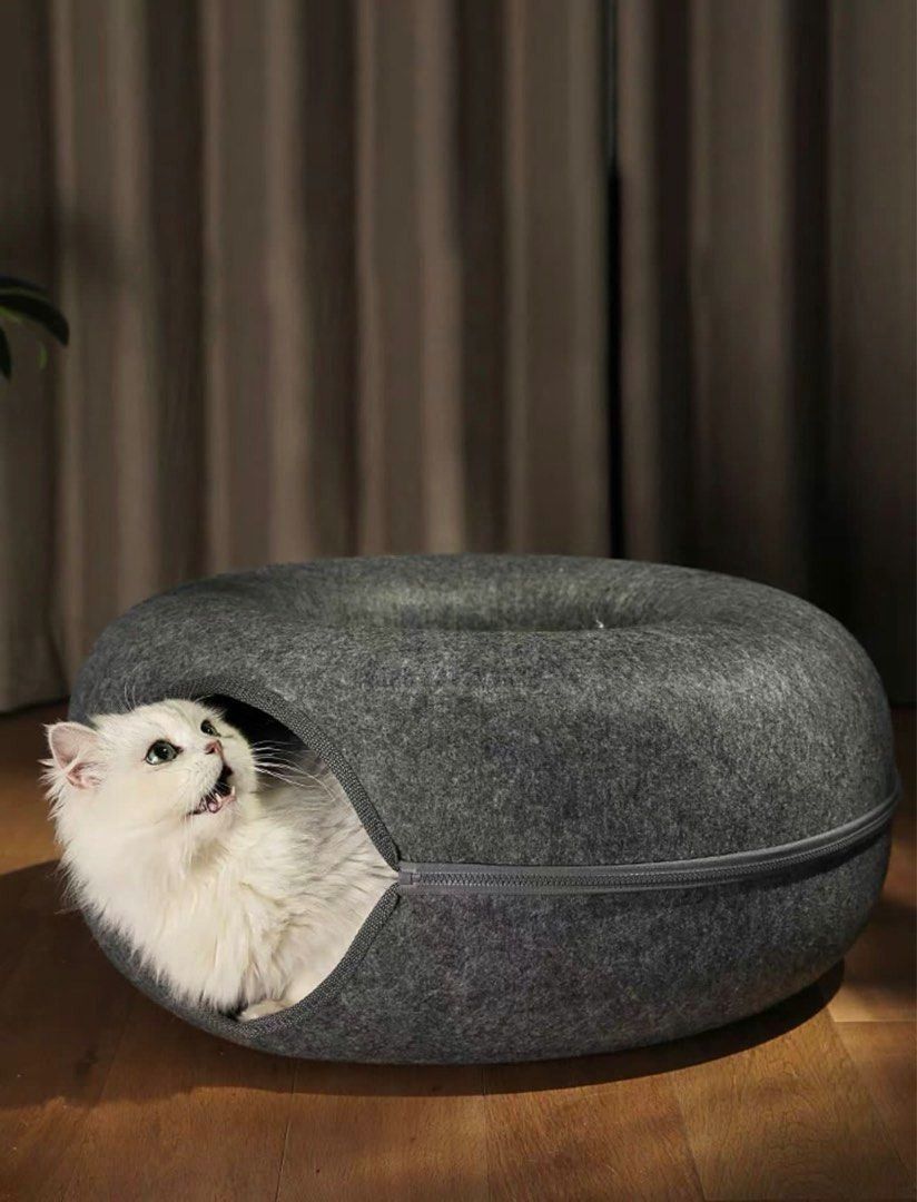 hn-0633 Cozy Grey Tunnel Bed Round Cat House Zippered, Pet Supplies ...