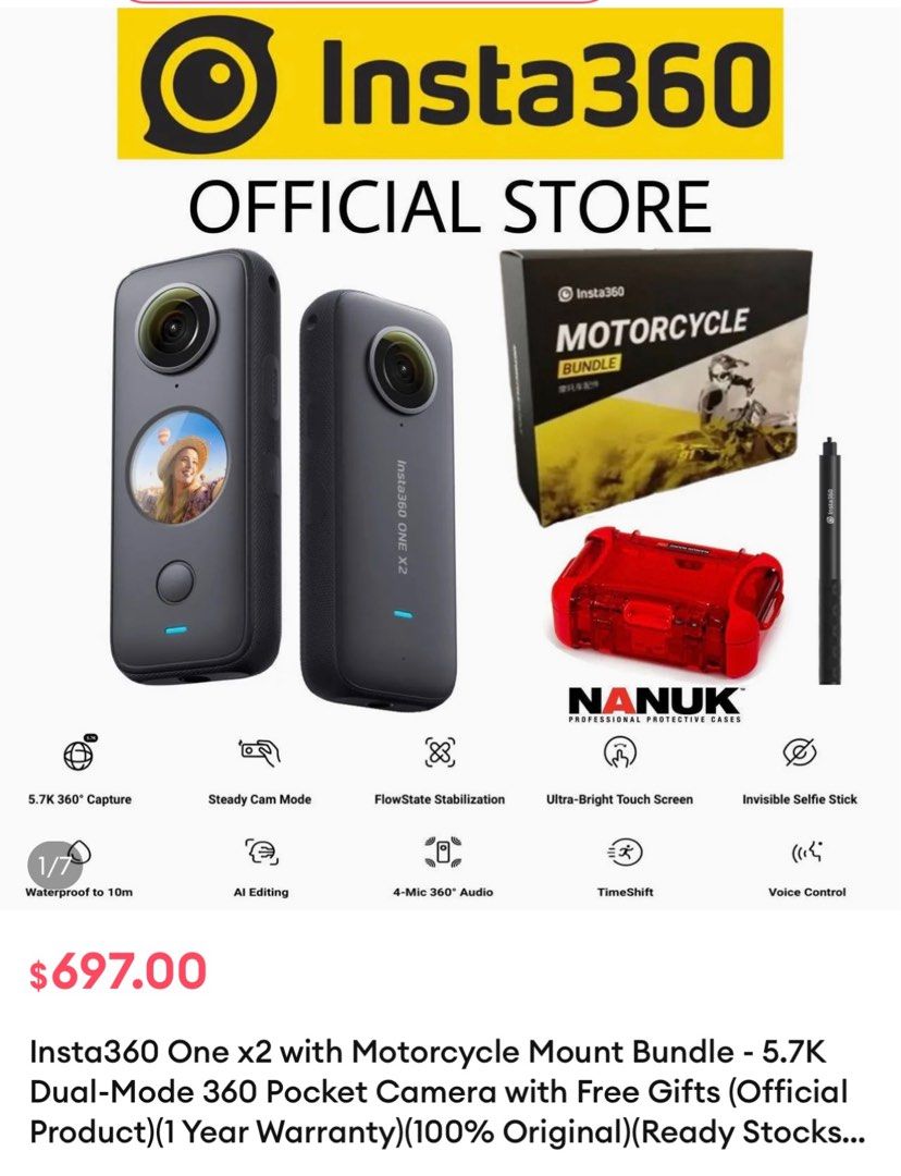 Insta 360 one x2 with motorcycle kit and diving case, Photography ...