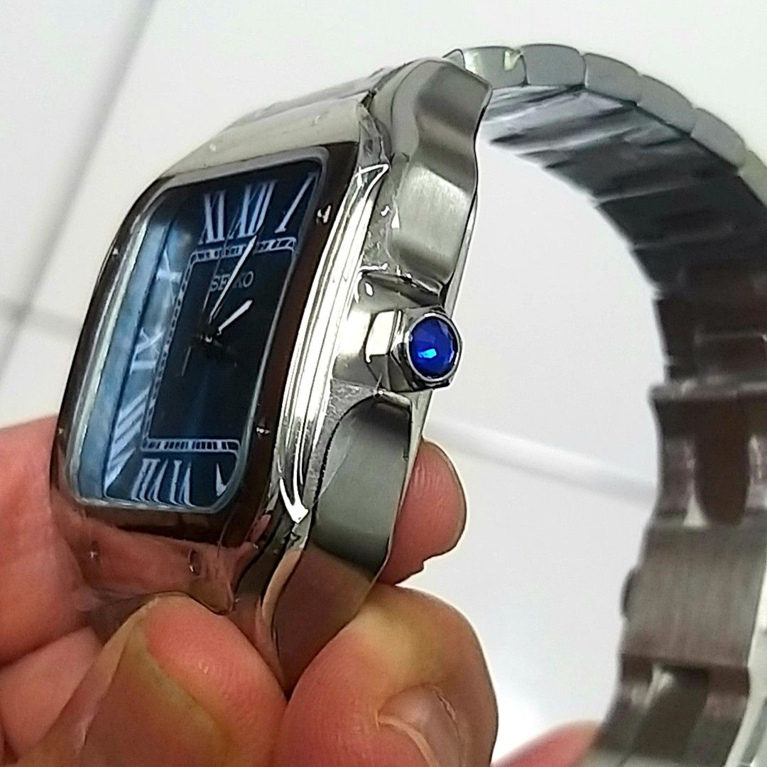 Jam Tangan Seiko Mods Homage Cartier Santos De Cartier Dark Blue Sunburst Dial Automatic Modify