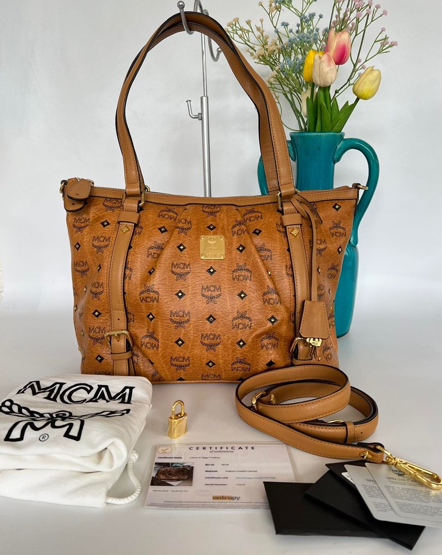 MCM Visetos Cognac Two Way Bag, Luxury, Bags & Wallets on Carousell