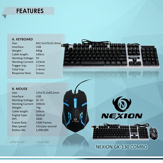 NEXION GK-130 GAMING KEYBOARD AND MOUSE COMBO RGB, USB WIRED, BLACK ...