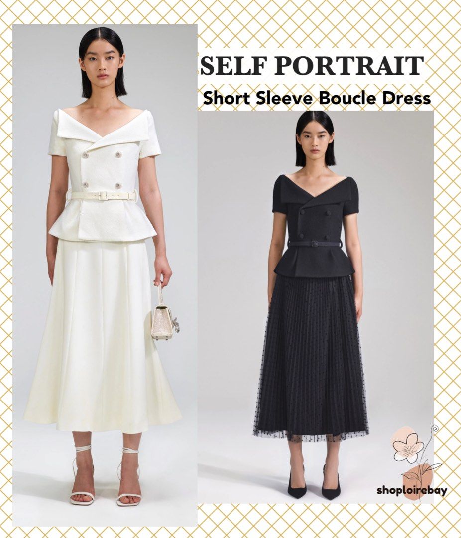 Self Portrait cream Boucle short sleeve midi dress, black pleated off ...