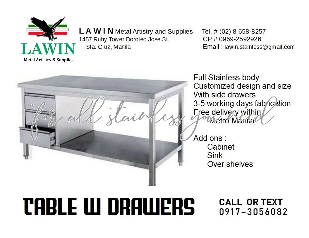 STAINLESS PREP TABLE WITH DRAWERS, Furniture & Home Living, Bathroom ...