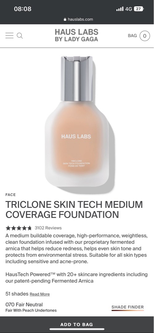 Haus labs Tricone skin tech medium coverage foundation 070 fair neutral, Beauty & Personal Care ...