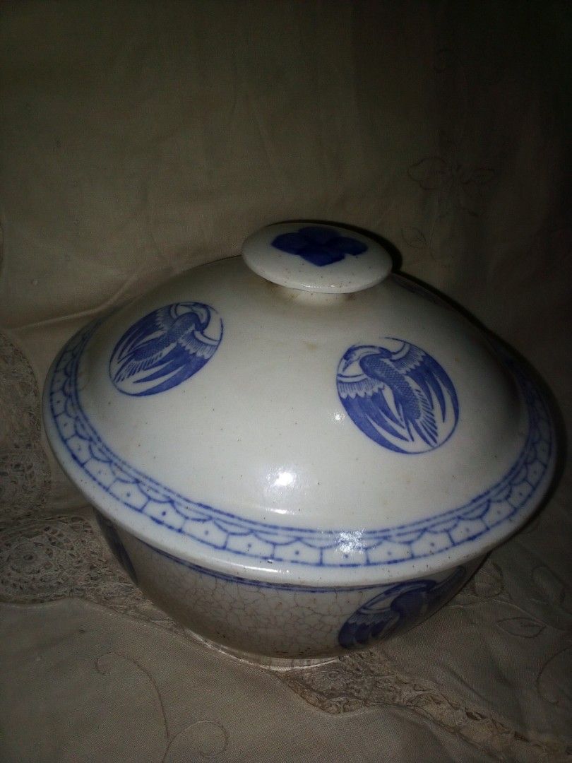 Antique Chinese Rice Pot Bowl with Lid Blue & White Phoenix Bird ...
