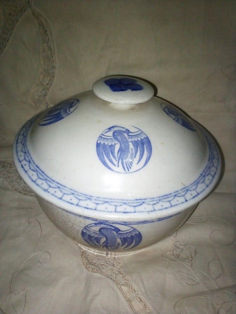 Antique Chinese Rice Pot Bowl with Lid Blue & White Phoenix Bird ...