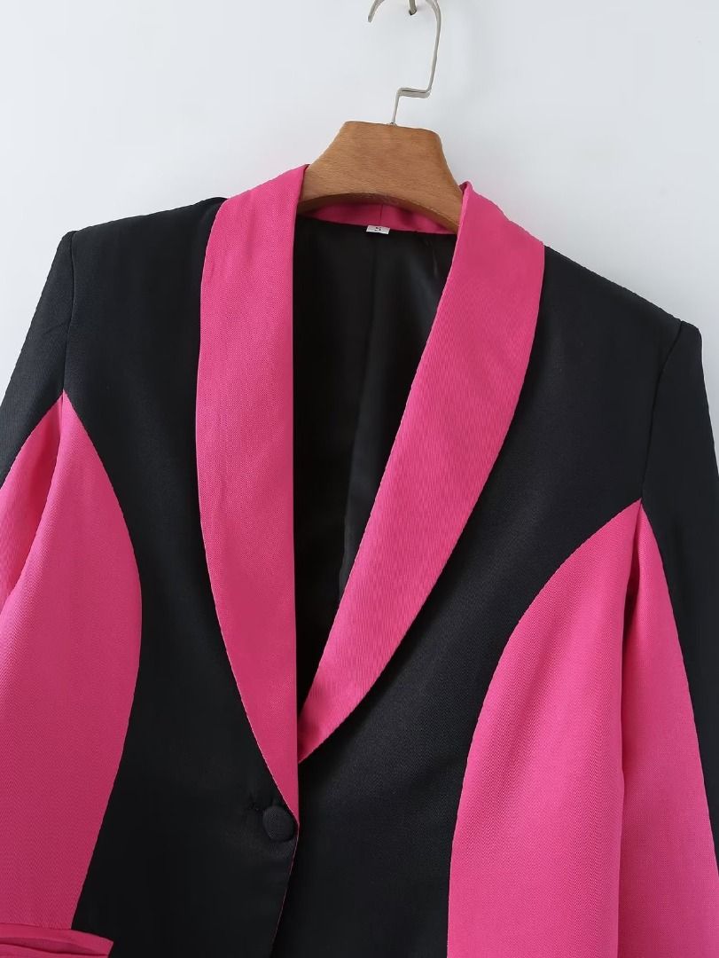 Blazer Wanita Polos Dua Warna Two Tone Black Pink Button Blazer, Fesyen ...