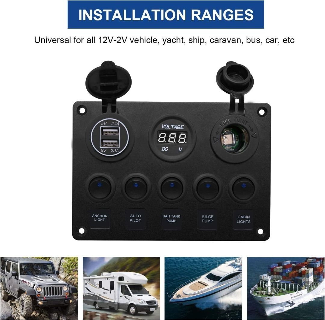 H5225 Gloaso 12V - 24V DC Toggle Switch Panel Dual USB Charger Port 4 ...