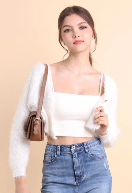 NEONMELLO MIRABELLE FURRY CROP CARDIGAN IN SNOW WHITE, Women's Fashion ...