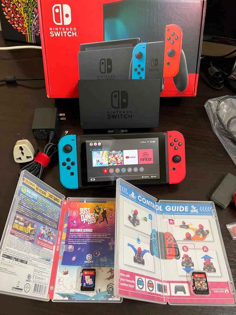 Nintendo Switch V2 Enhanced Console Complete Set Neon Red Blue Video