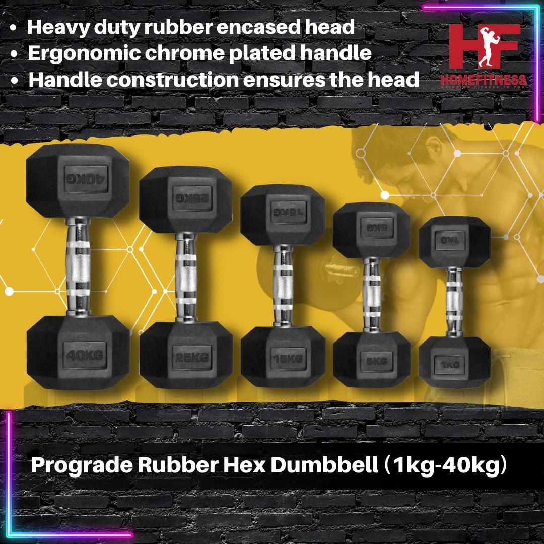 Prograde Rubber Hex Dumbbell (1KG-40KG), Sports Equipment, Exercise & Fitness, Weights ...