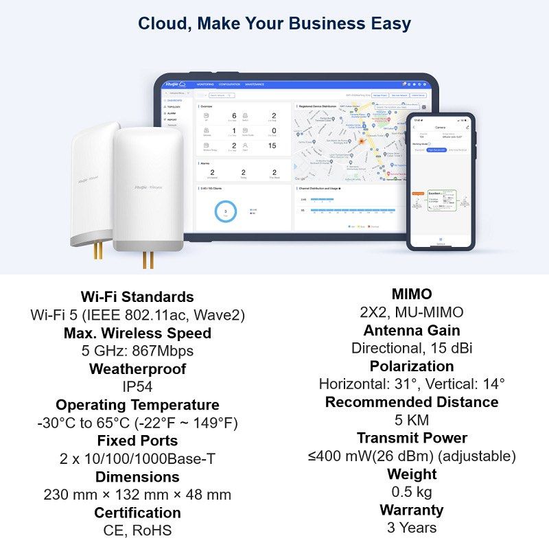 Ruijie REYEE 5KM Bridge RG-EST350 V2, 5GHz Dual-stream 802.11ac 5KM ...