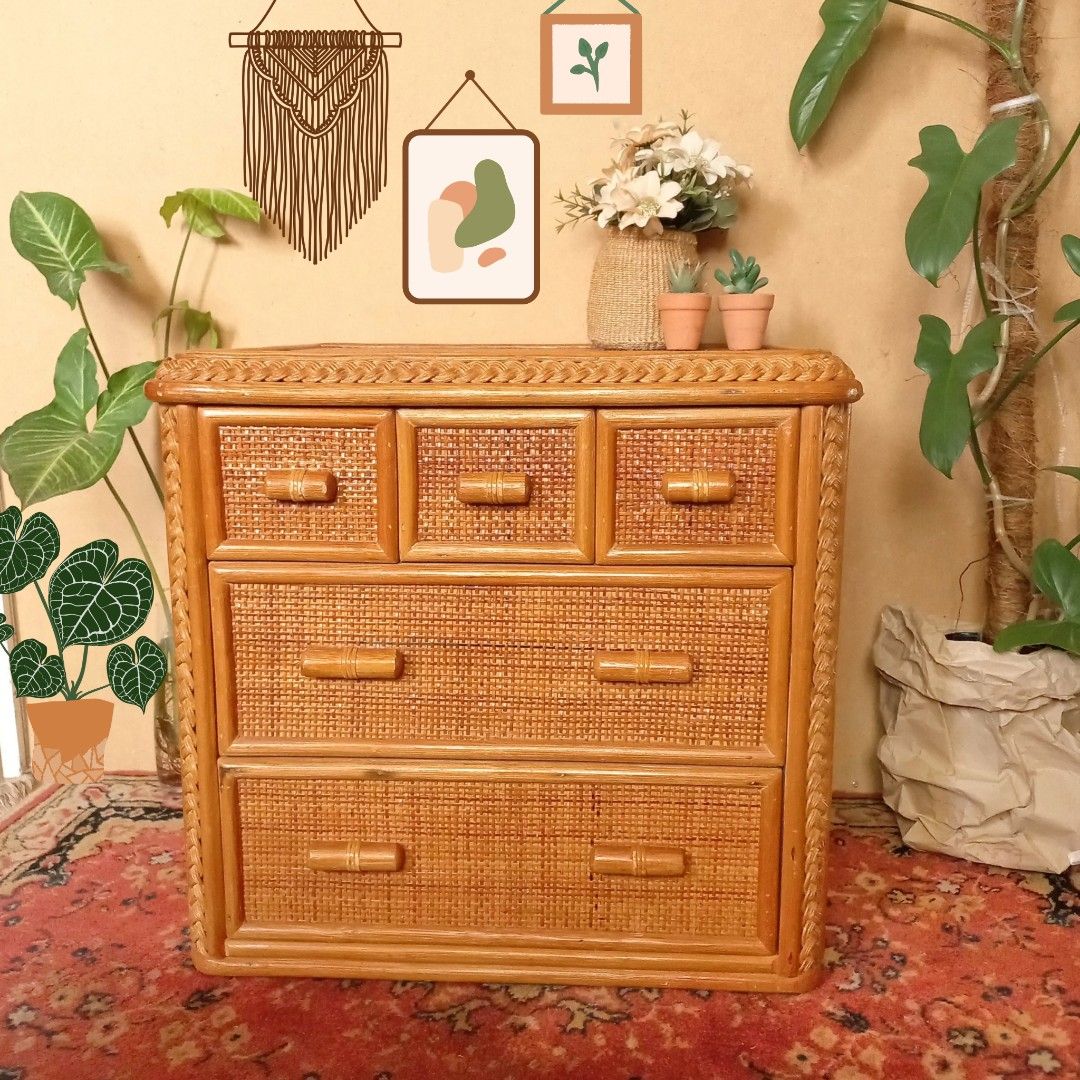 5 drawer rattan wicker solid wood side drawer boho farmhouse ...