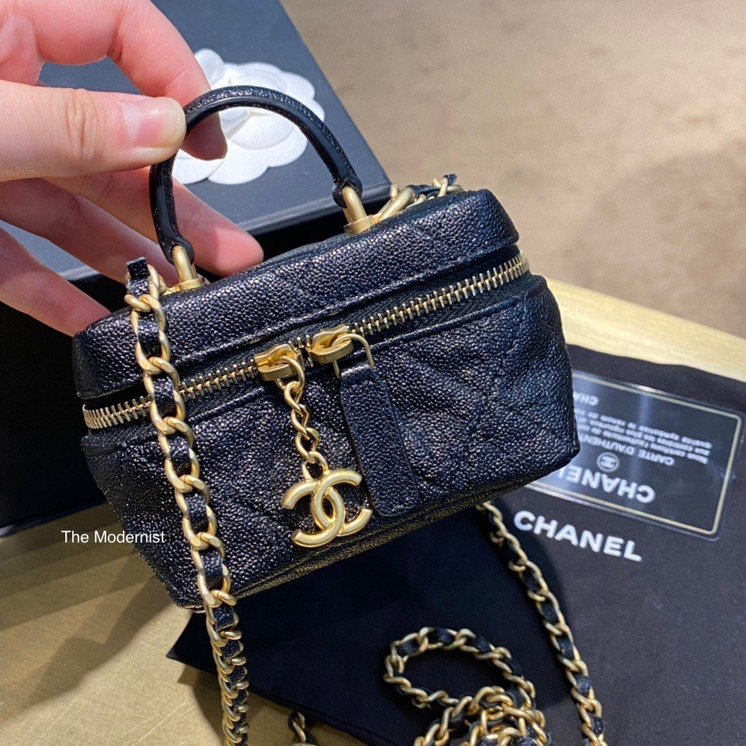 Authentic Chanel Mini Vanity Chain Black Grained Calfskin Gold Hardware ...