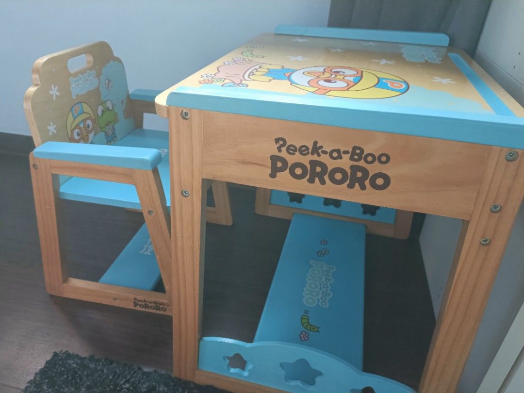 Authentic Pororo Kids Study Table Desk and Chair Set Wood Wooden ...