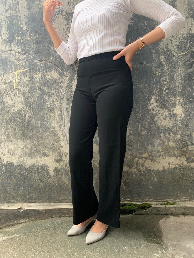 Celana lurus bahan hitam highwaist loose straight pants korean pants ...