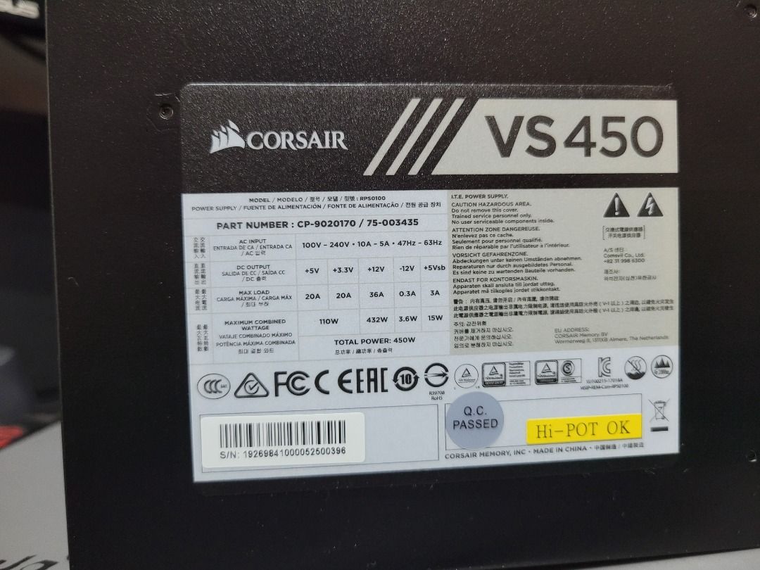 CORSAIR VS Series VS450 450W PSU 80 Plus, Computers & Tech, Parts ...