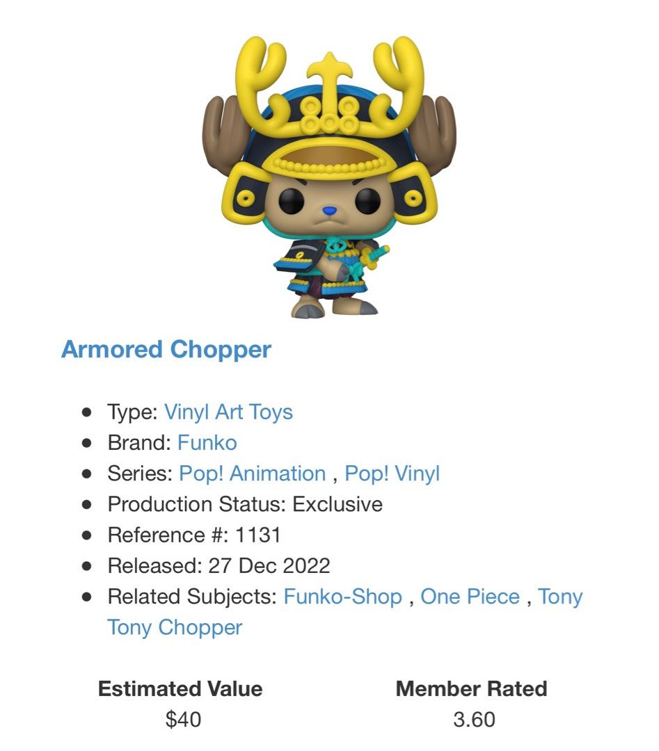 Funko POP! One Piece Armored Chopper #1131 [Funko Exclusive], Hobbies ...