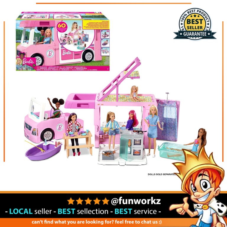 Mattel Barbie 3-In-1 DreamCamper Vehicle with Pool, Truck, Boat and 60 ...