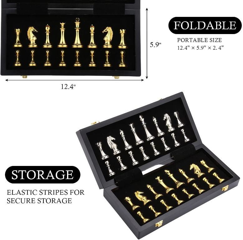 Metal Chess Set - Chess Board Game for Adults and Kids - Wooden Folding ...