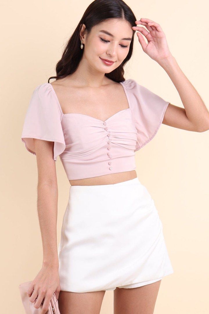 Neonmello Arielle Iridescent Flutter Top Pale Pink, Women's Fashion ...