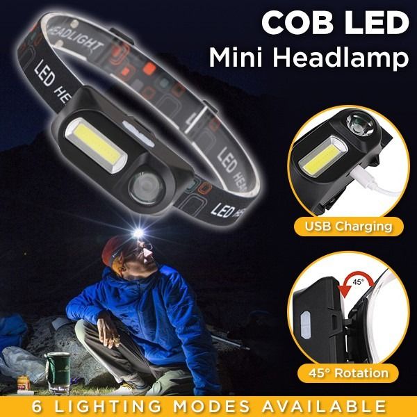 Rechargeable COB LED 6-mode Headlight Straps Adjustable Headlamp +18650 ...