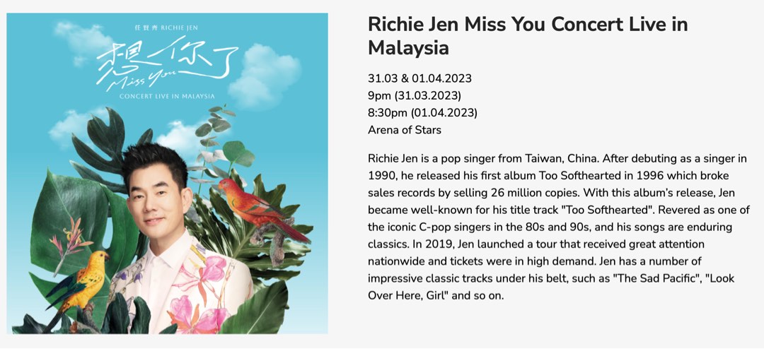Richie Jen Miss You Concert Live in Malaysia (Resorts World Genting), Tickets & Vouchers, Event ...