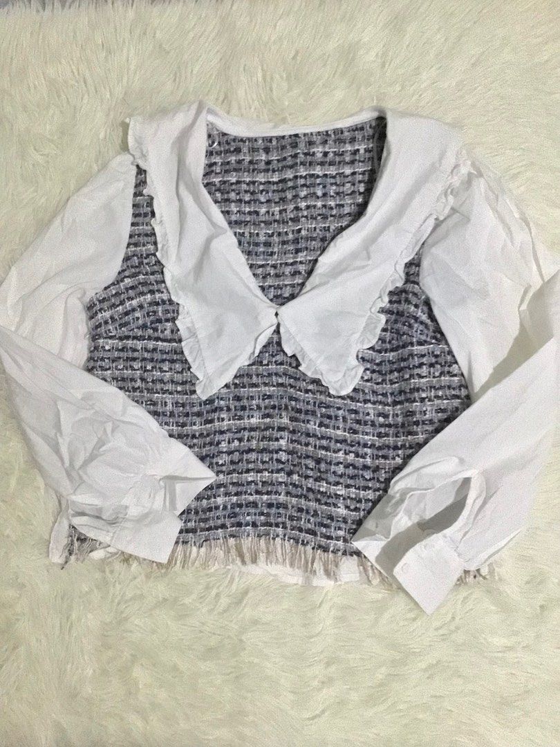 Semi Cropped Tweed Top, Women's Fashion, Tops, Blouses on Carousell