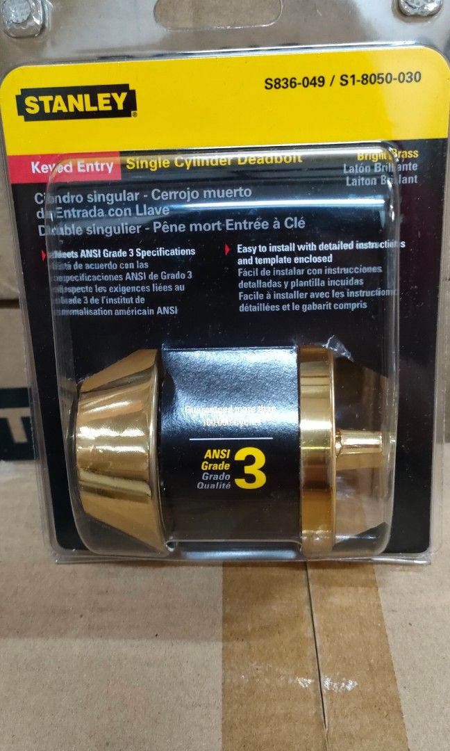 Stanley Single Cylinder Deadbolt 8050-030 US3 Bright Brass, Furniture ...
