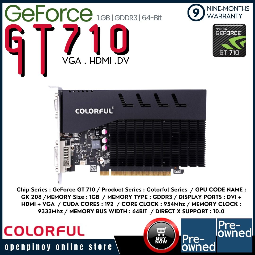 USED PCI-E 1GB 64Bit GDDR3 GT710 Nvidia GeForce Colorful Video Card for ...