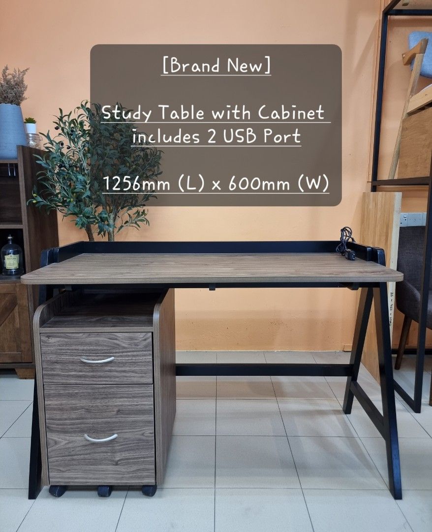 [Brand New] 1.25m Study Table with 2 USB Port - Solid Wood, Furniture ...