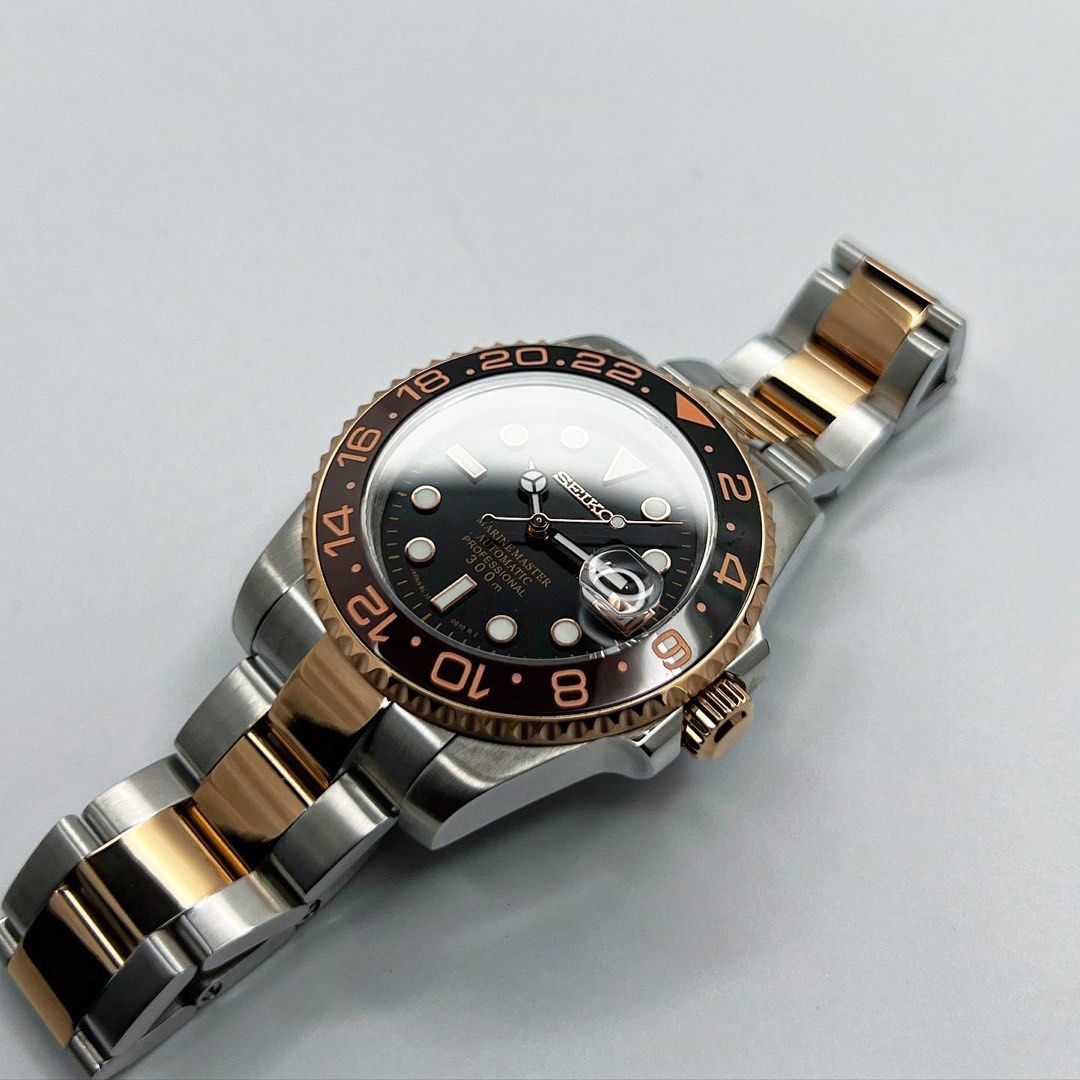 Custom Seiko Mod 2-Tone RootBeer Rose Gold GMT, Men's Fashion, Watches ...