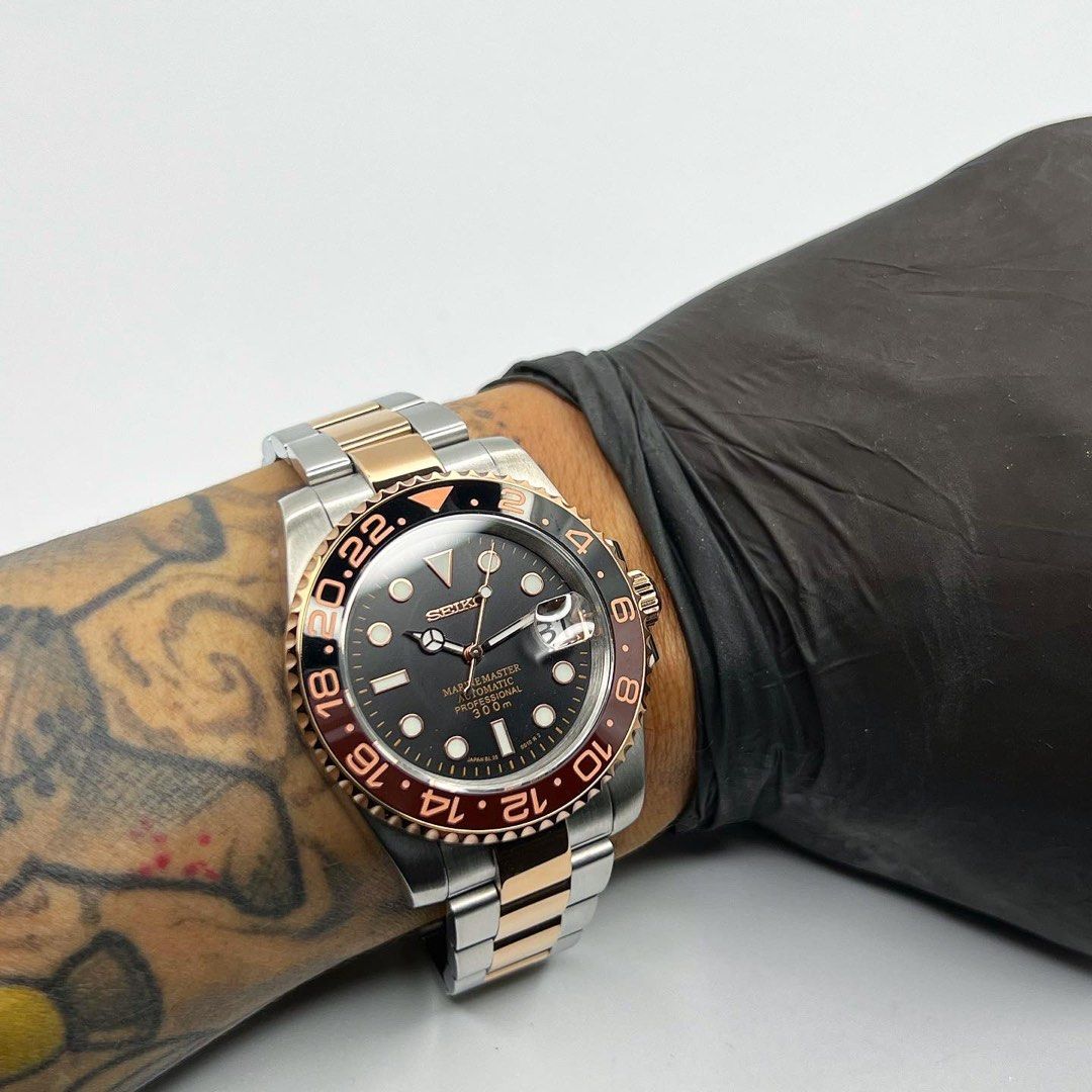 Custom Seiko Mod 2-Tone RootBeer Rose Gold GMT, Men's Fashion, Watches ...