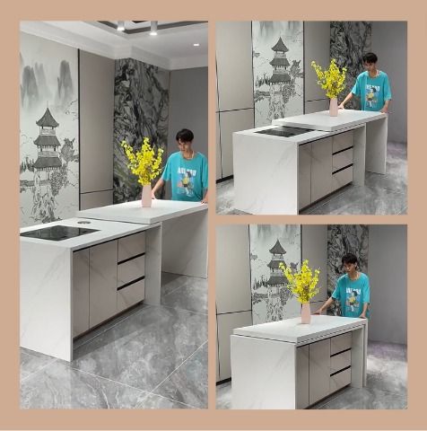 Kitchen Cabinet Retractable Sintered Slab Central Island Table ...