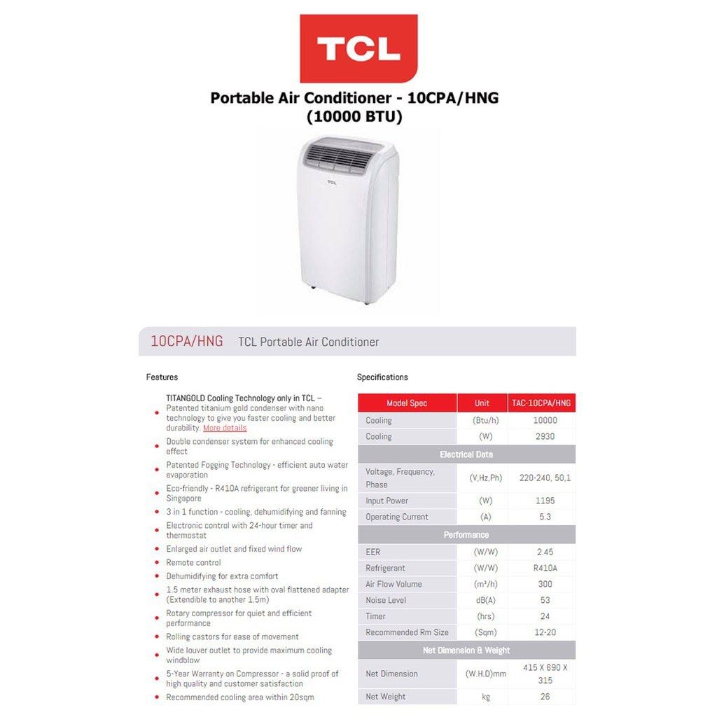 TCL Portable Aircon 10CPA - 10K BTU, TV & Home Appliances, Air ...