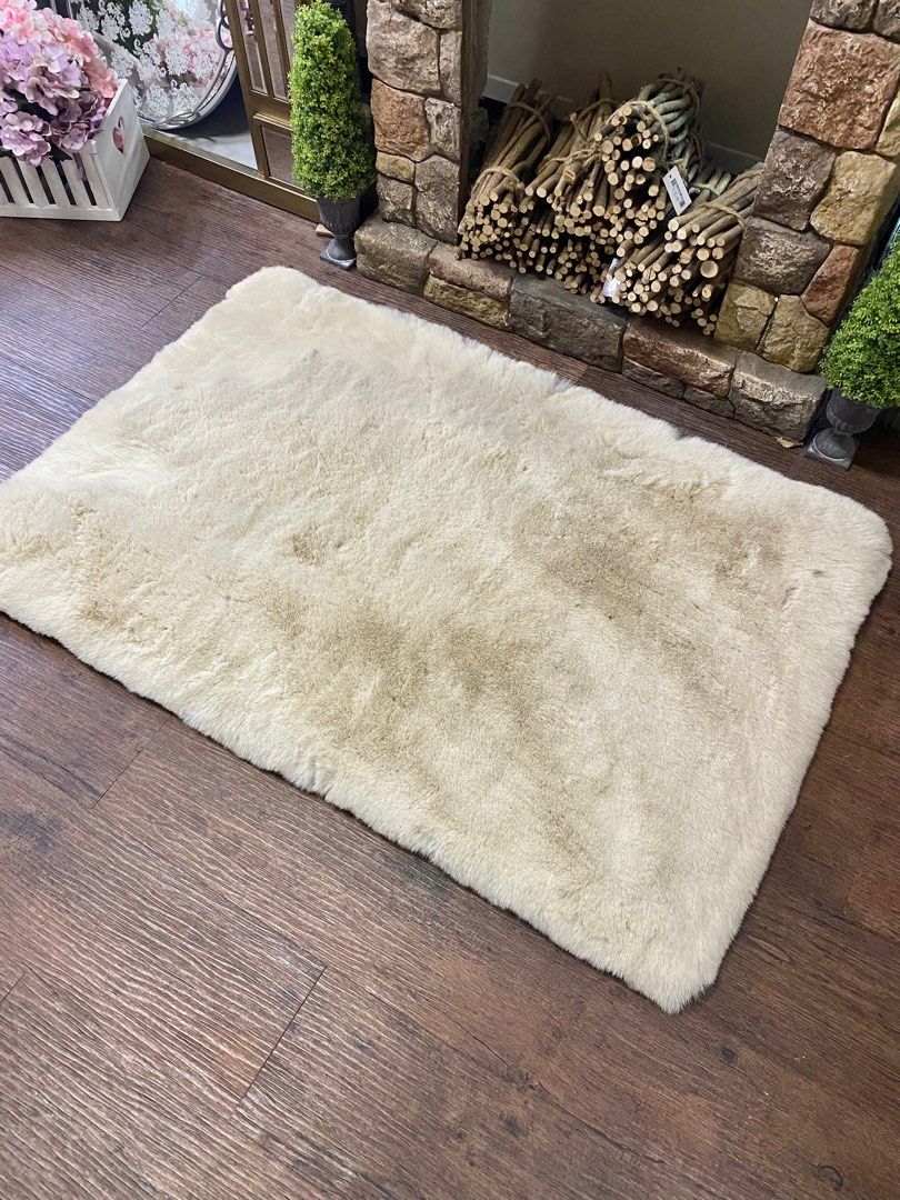 Thick furry artificial beige fur carpet mat, Furniture & Home Living ...
