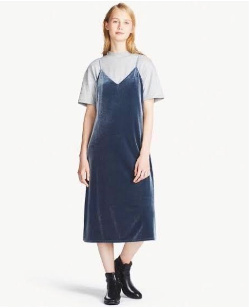 Uniqlo Blue Velvet Slip Dress, Women's Fashion, Dresses & Sets, Dresses ...