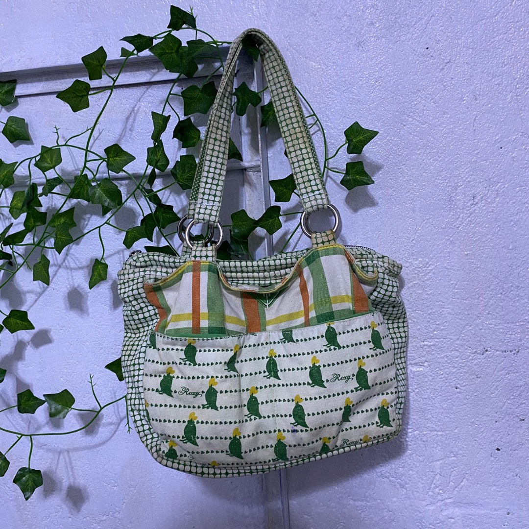 Y2k Roxy Canvas Bird Print Shoulder Bag Vintage Plaid Green White ...
