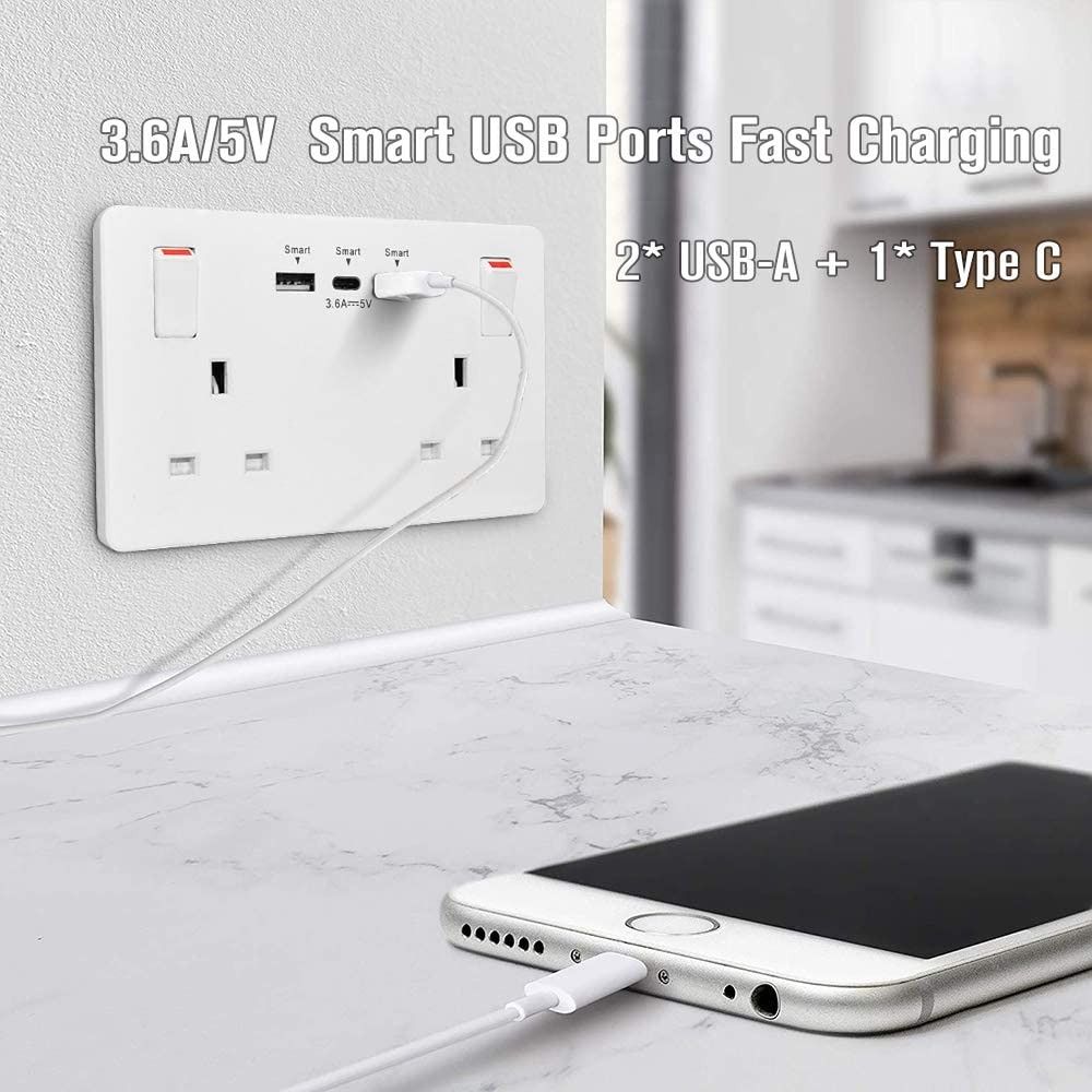 023) Wall Socket Double Switched with 2USB and 1 Type C Fast Charging ...