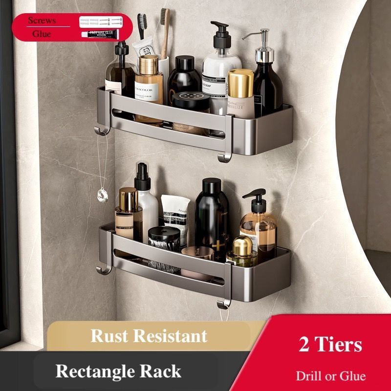 Gunmetal Shampoo Rack with Towel Hanger Free Punching, Furniture & Home ...