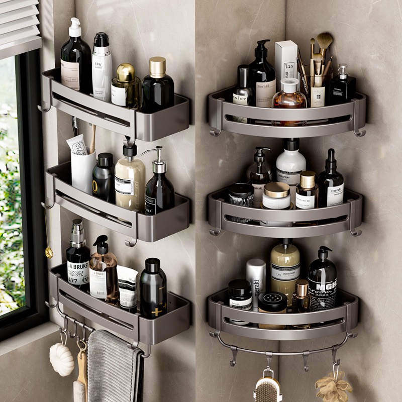 Gunmetal Shampoo Rack with Towel Hanger Free Punching, Furniture & Home ...
