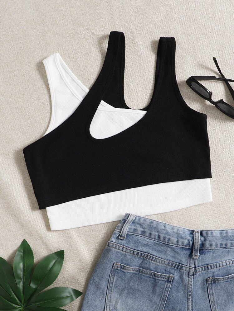 Shein 2-tone asymmetrical shoulder 2in1 crop top, Women's Fashion, Tops ...