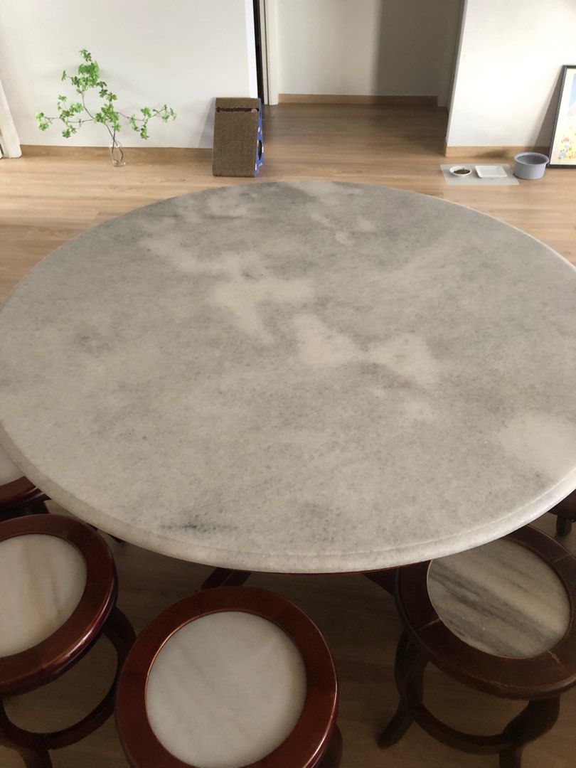 Vintage marble top round Kopitiam table sets with 8 marble top stools ...
